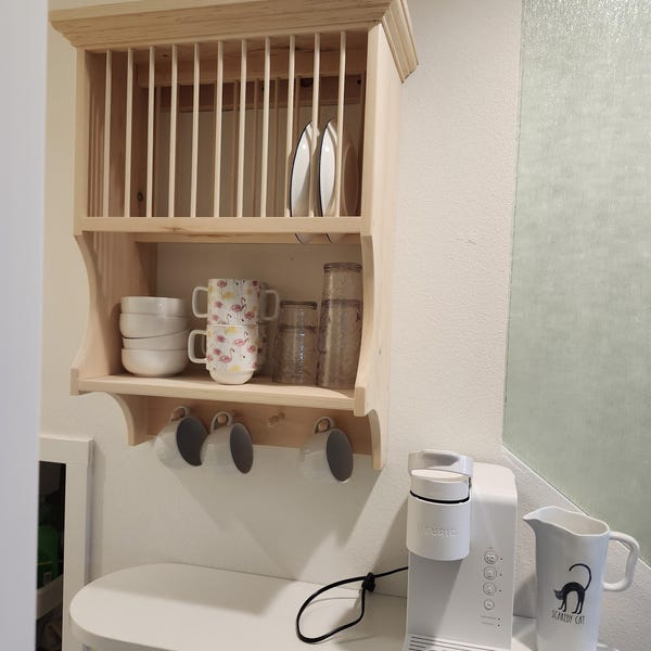 NEW* Split Shelf Cabinet Wall Counter Wood Plate Dish Rack Mugs Glasses ...