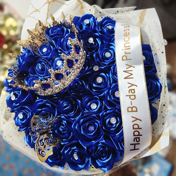 Royal Blue Ramo Buchon With Crown, Eternal Rose Bouquet, Forever Rose Bouquet, Birthday Bouquet ...
