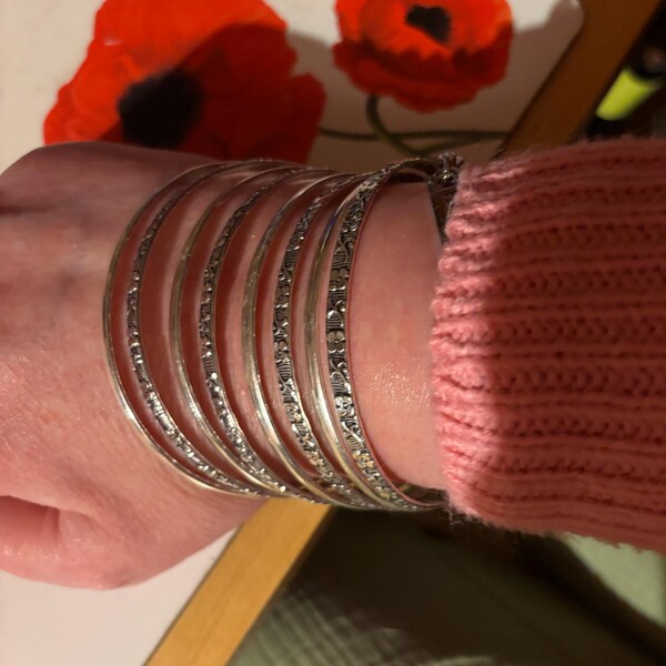 Solid Silver Bangle, Set of 8 Bangle, Silver Bangle, Handmade Bangle, Women Bangle, Wide Boho ...