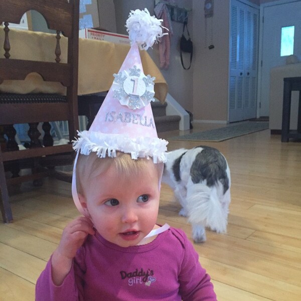Girl Snowflake Party Hat Personalized, Pink and Silver, 1st First Baby ...