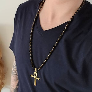 Ankh Cross & Natural Black Onyx Gemstone Protection Beaded Long Macrame ...