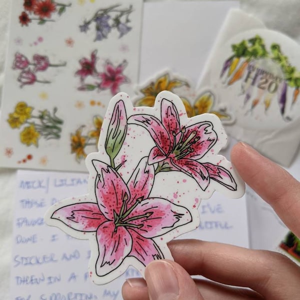 Pink Lily Vinyl Sticker, Lillies Sticker, Watercolor Flower Sticker ...