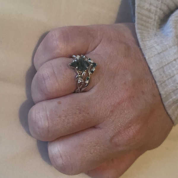 Unique Kite Cut Moss Agate Engagement Ring Sets Art Deco Moon Leaf ...