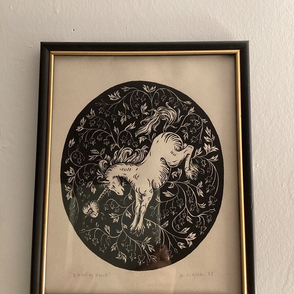 Bleeding Hearts - Handmade Linocut Print - Medieval Unicorn Original ...