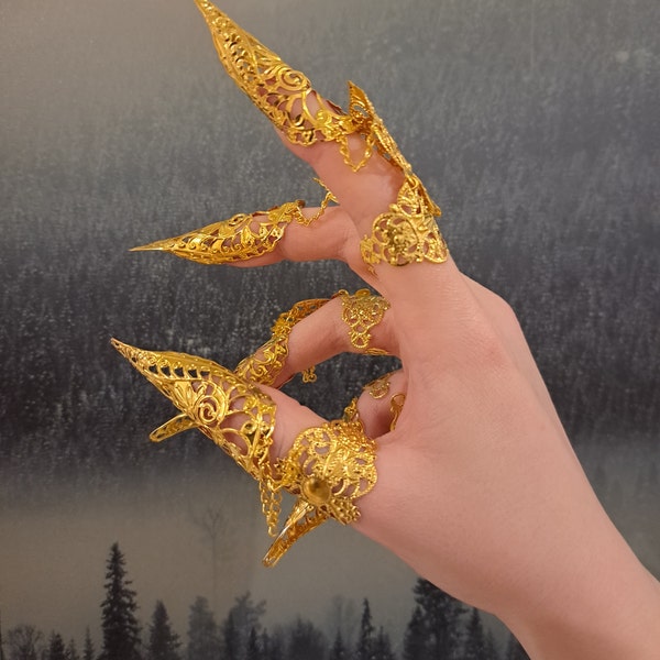 Full Armor Articulated Finger Claws Nails Ring Gold Set Style 2 ...