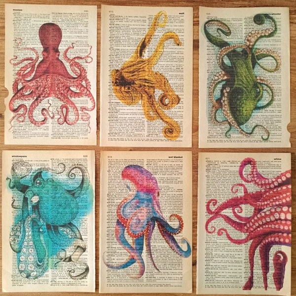 Set of 6 Art Prints on Old Dictionary Page, Octopus on Antique Book ...