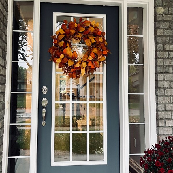 Neutral Boho Fall Foliage and Velvet Pumpkin Wreath for Front Door ...
