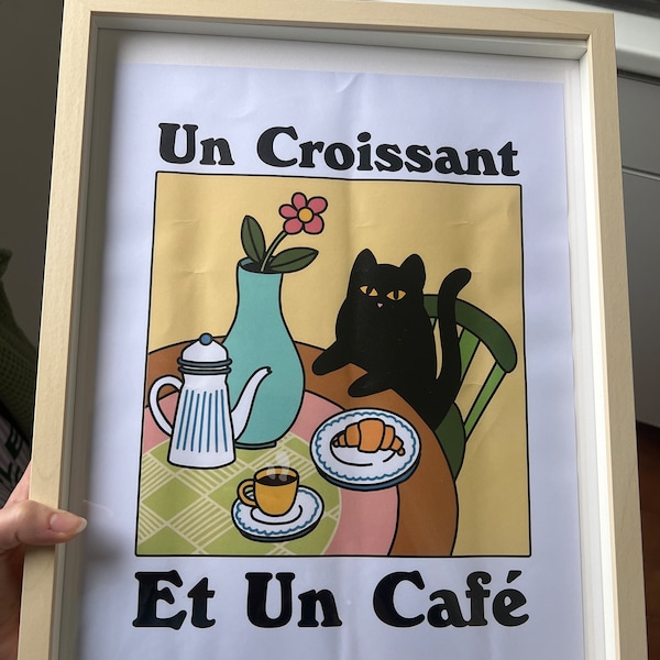 French Cafe Croissant Cat Print, Retro Drink Poster, Bistro Coffee ...