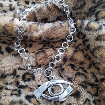 Silver Large Evil Eye Protection Necklace, Antique Silver Chunky Chain ...