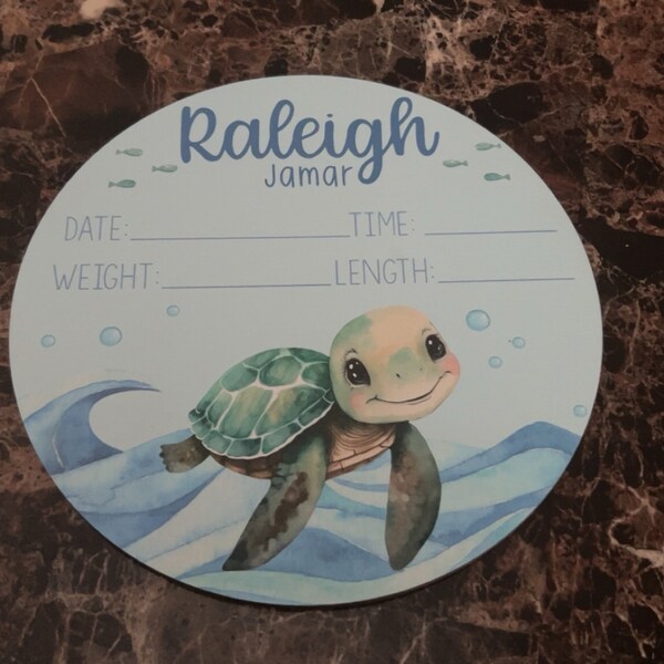 Turtle Birth Stat Sign, Ocean Birth Stat Sign, Round Wood Birth Stat ...