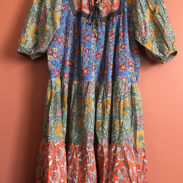 Tri-color African Print Indian Summer Midi Dress Hand Block Printed ...