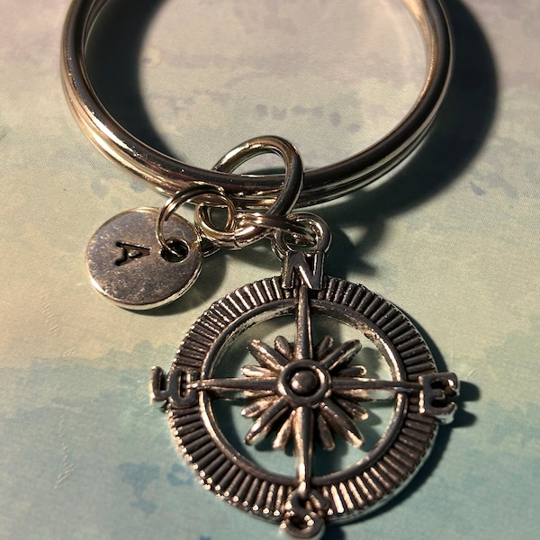 Compass Initial Keychain, Compass Key Ring, Personalize Travel Keychain ...