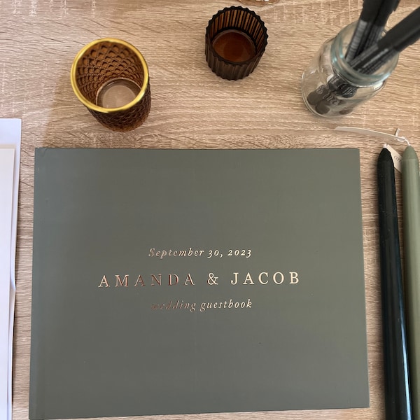 Custom Forest Green Wedding Guestbook, Modern Minimalist Raised Foil ...