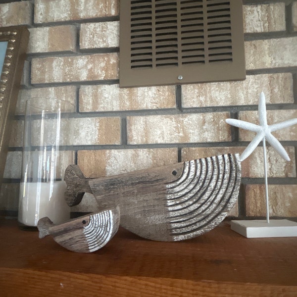 Wooden Carved Whales / Set of 2 / Rustic Coastal Decor / Mother and ...