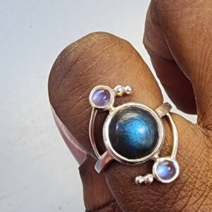 Natural Moonstone and Labradorite Ring , Blue Flashy Two Gemstone Ring ...