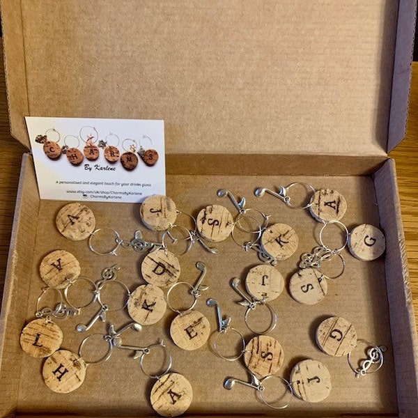 Grapes & Wine Bottle - Handmade Personalised Cork Wine Glass Charms - Wedding, Wedding Favour ...