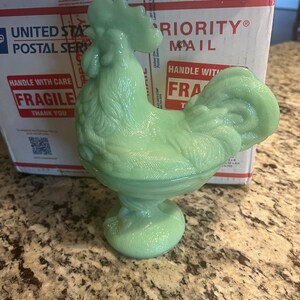 Jadeite Depression Style Glass Rooster Chicken Covered Candy Dish With ...