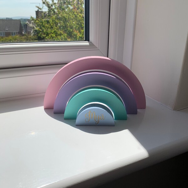 Personalised Wooden Freestanding Stacking Rainbow, Pastels, Nursery ...