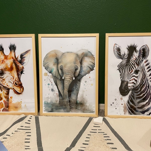 Set of 3 Watercolour Animal Prints, Safari Animals Print Set, Nursery ...