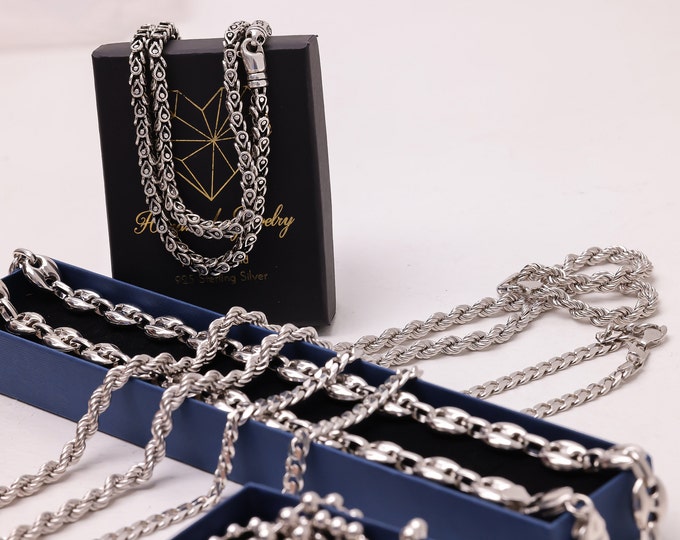 925 Sterling Silver Chain Necklace Men, Byzantine, Cuban, Cable, Figaro ...