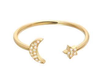 Diamond moon necklace 14k solid gold