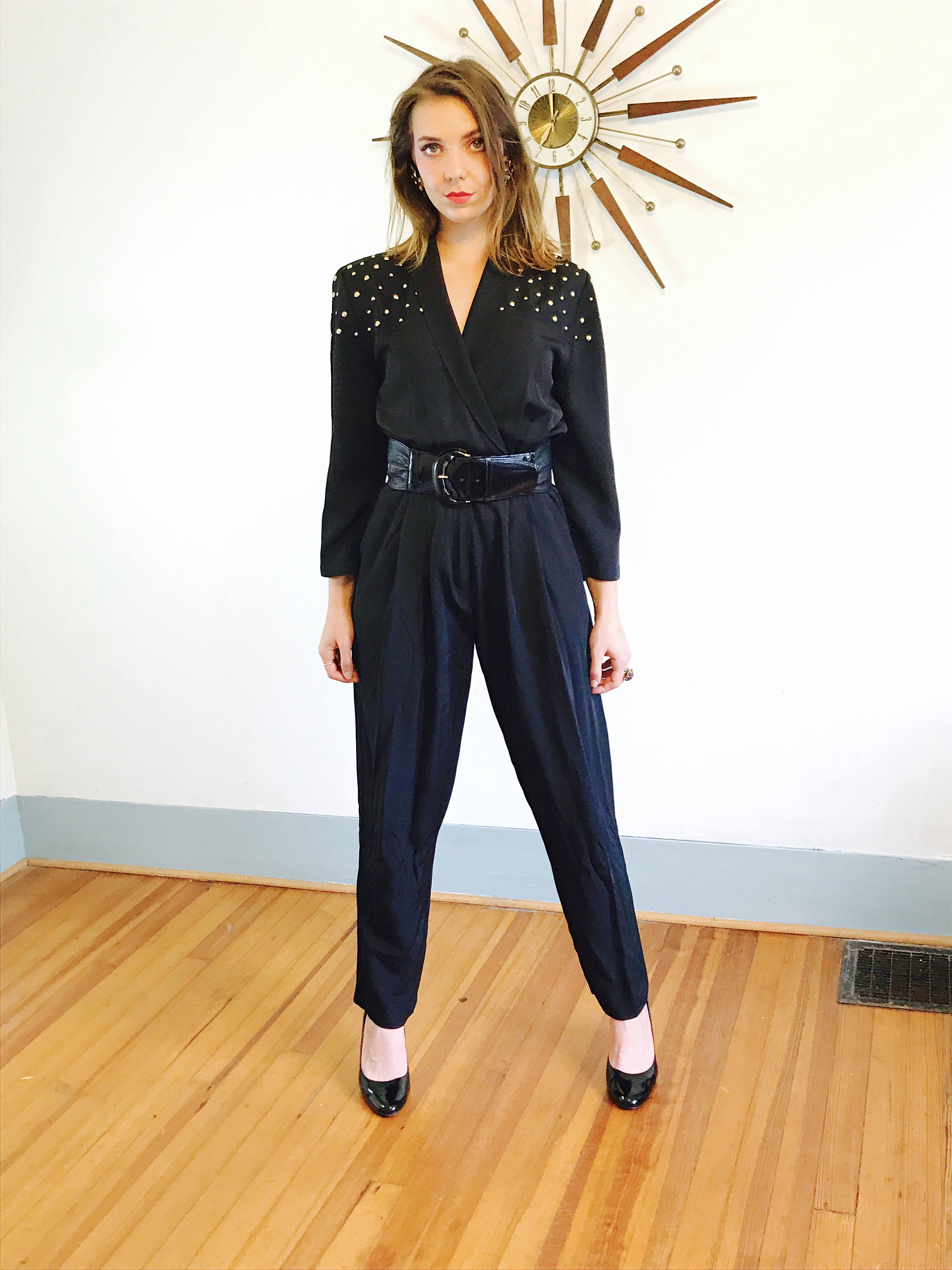 Vintage 80s Romper/ 1980s Black Onepiece/ Long Sleeve Jumpsuit/ Big ...