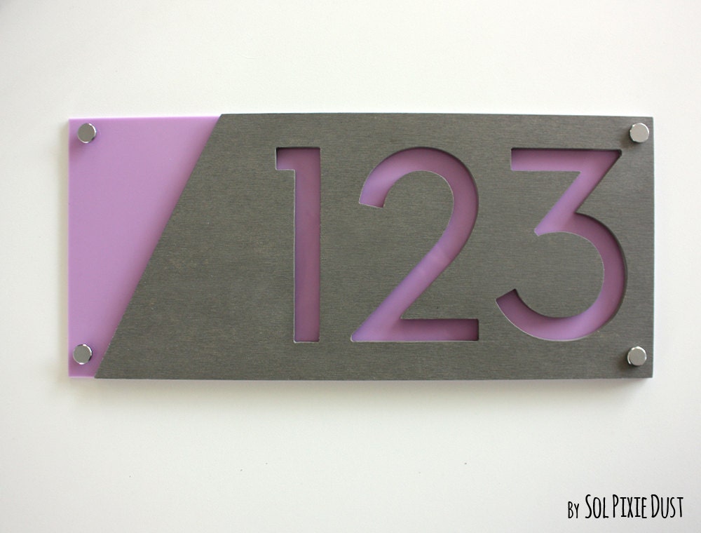 Modern House Numbers Concrete with Purple Acrylic