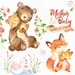 Mother & Baby. Watercolor animals clipart fox bear swan