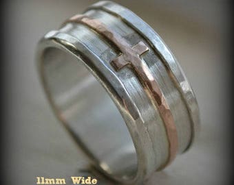 mens cross wedding band rustic hammered cross ring oxidized