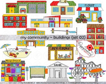 My Community Buildings in FRENCH Clipart: 300 dpi transparent