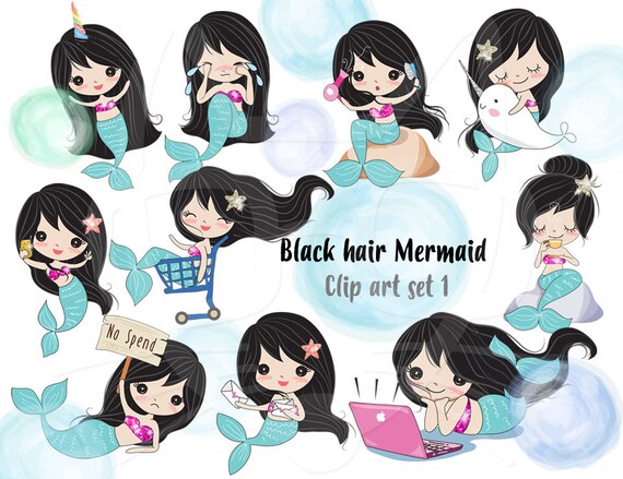Black hair Mermaid Clip art set 1 instant download PNG file