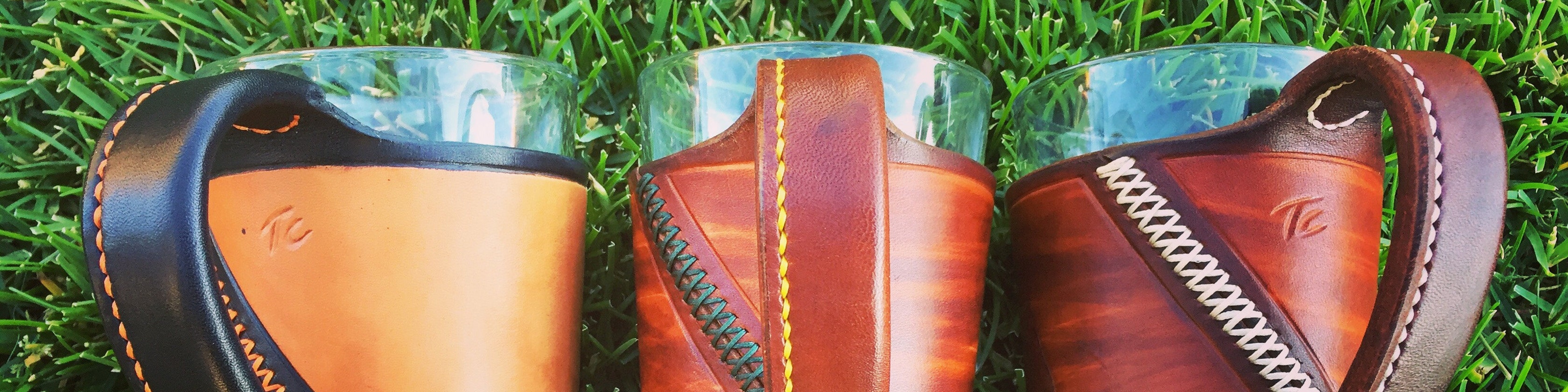 Fine leather pint glass sleeves handcrafted in by PintGlassLeather