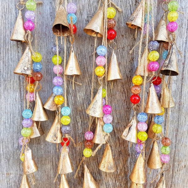 Bells on String, Rustic Windchime, Ceramic Beaded Pendant, Vintage Cow ...