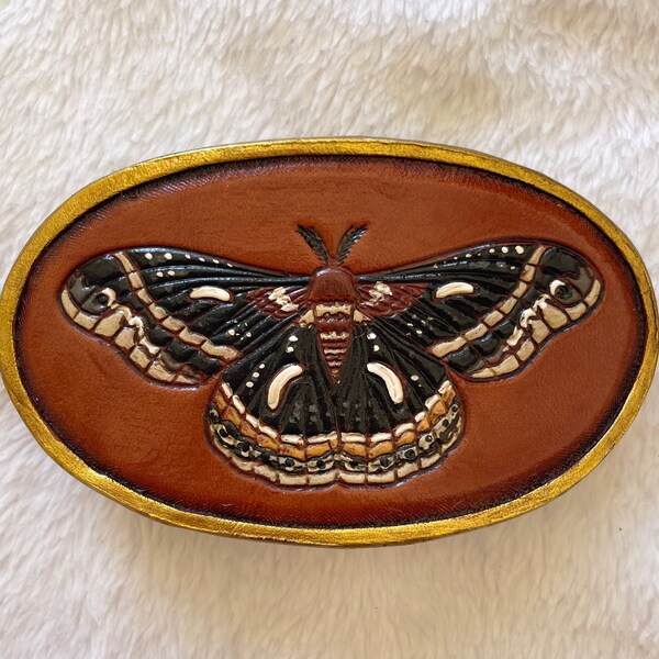 Vintage Style Moth Keyfob Tooled Leather Hand Painted Leather Butterfly ...