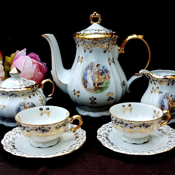 Red Bavaria tea set Teaset with 6 teacups decorated with fragonard ...