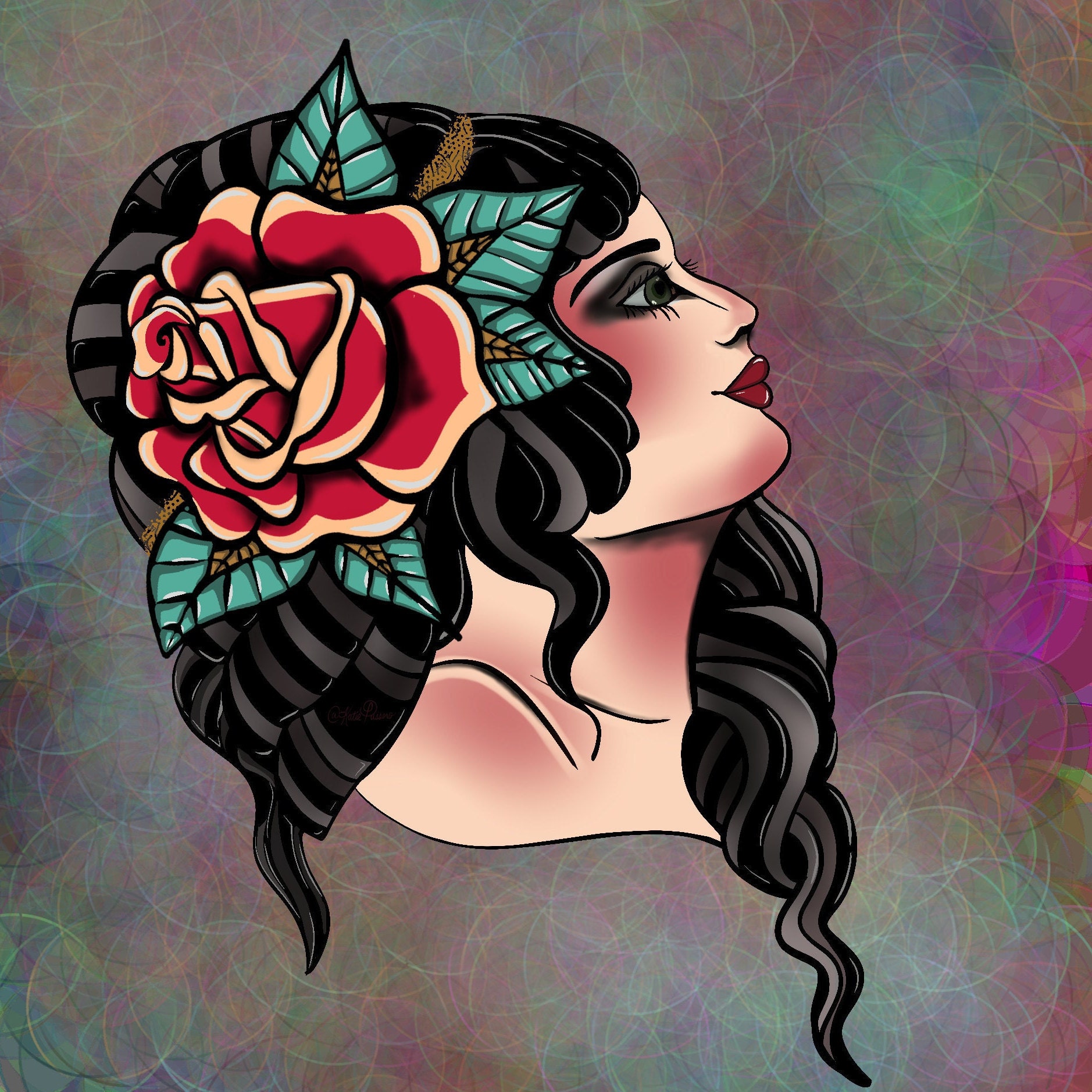 Traditional Pin Up Girl Face Tattoo