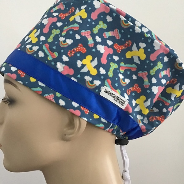 SCRUB HAT FEATURING Bones on Black Background With Satin Ribbon, Super ...