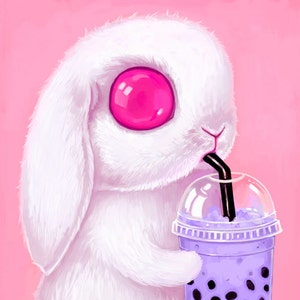Pug Drinking Bubble Tea Art 5x7 Cute Pug Dog, Kawaii Boba Tea Art ...
