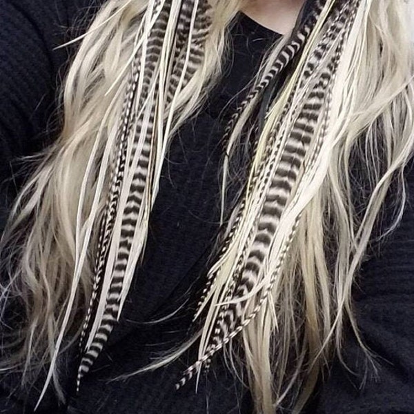 YUMMY SILVER Skinny Feathers 5 Beads, Long Hair Feathers Pack Platinum ...