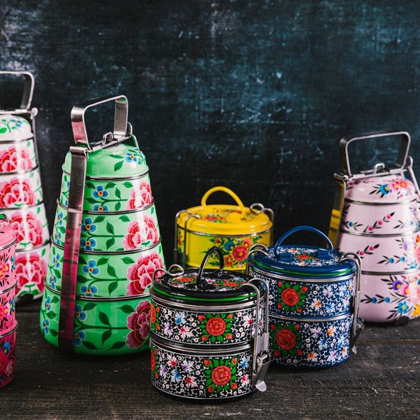 Indian Tiffin Steel Lunchbox Hand Painted Two Compartments, Traditional ...