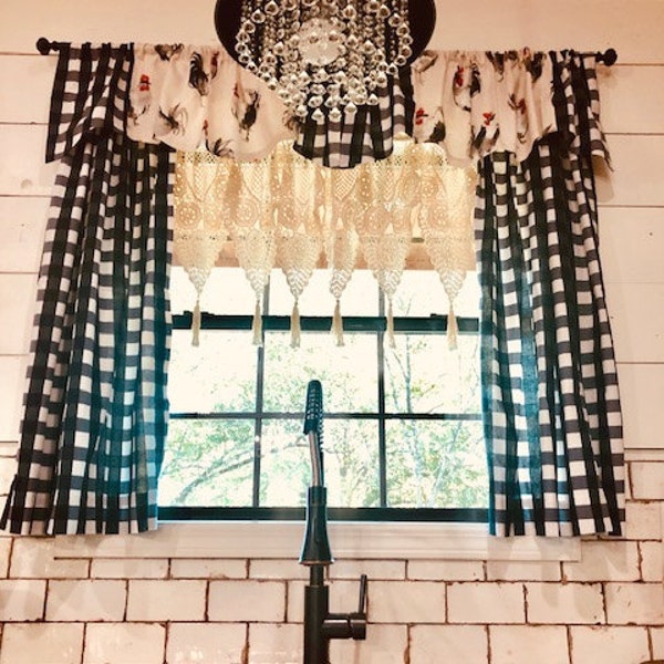 ROOSTER CHICKEN Kitchen Window Valance, Kitchen Window Curtains, Window ...
