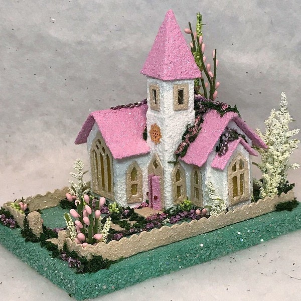 MINI Ivory and Pale Green Putz Church/ Glitter Church/ Christmas ...