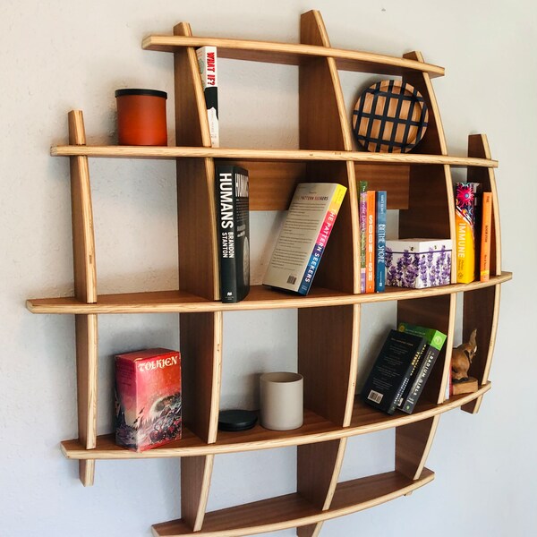 Modular Paintable Wooden Wall Shelf, Sphere Bookcase, Hanging Geometric ...