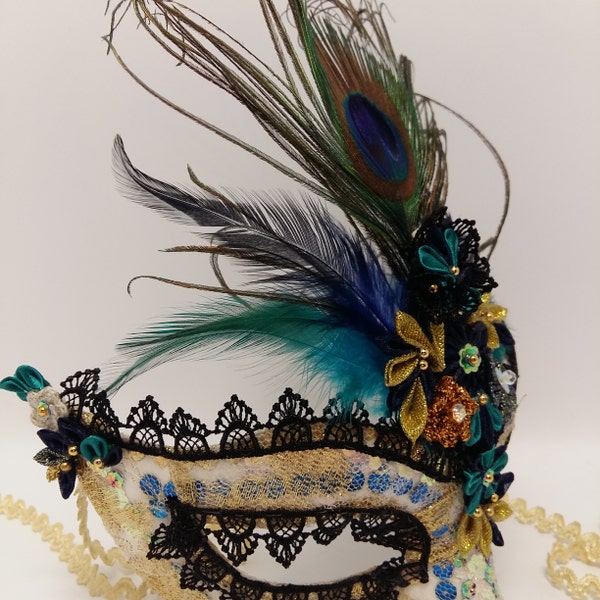 Green Fairy Beaded Lace Masquerade Mask,feather,flower,butterfly ...