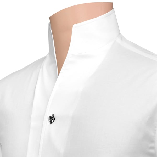 White Seersucker Shirt High Open Collar Shirt Tuxedo Style Black Button ...