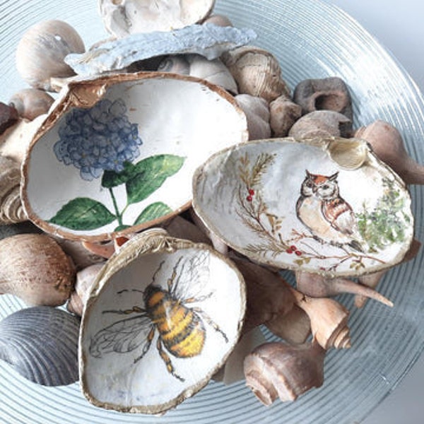 Clam Shell Art Sea Horse Jewelry Dish Trinket Dish Decoupage Gold Leaf ...