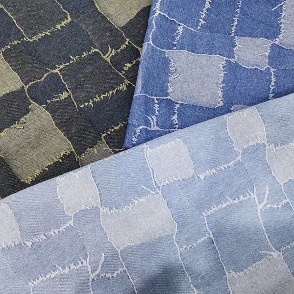 Patch Check Jacquard Cotton Denim Fabric, Washed Denim Fabric, Blue ...