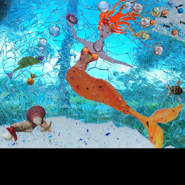 READY 2 SHIP Mermaid Feeding Fish Mosaic Sea Life Stained Glass Art ...
