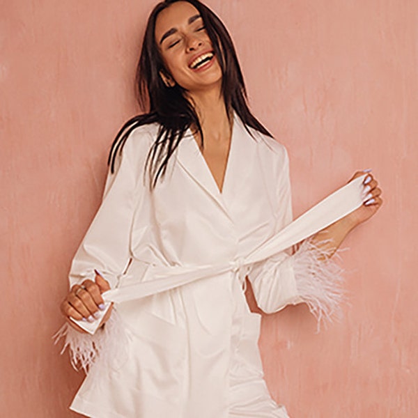 White Set Long Robe With Fur Sleeves and Nightie for Bride, Bridesmaids ...
