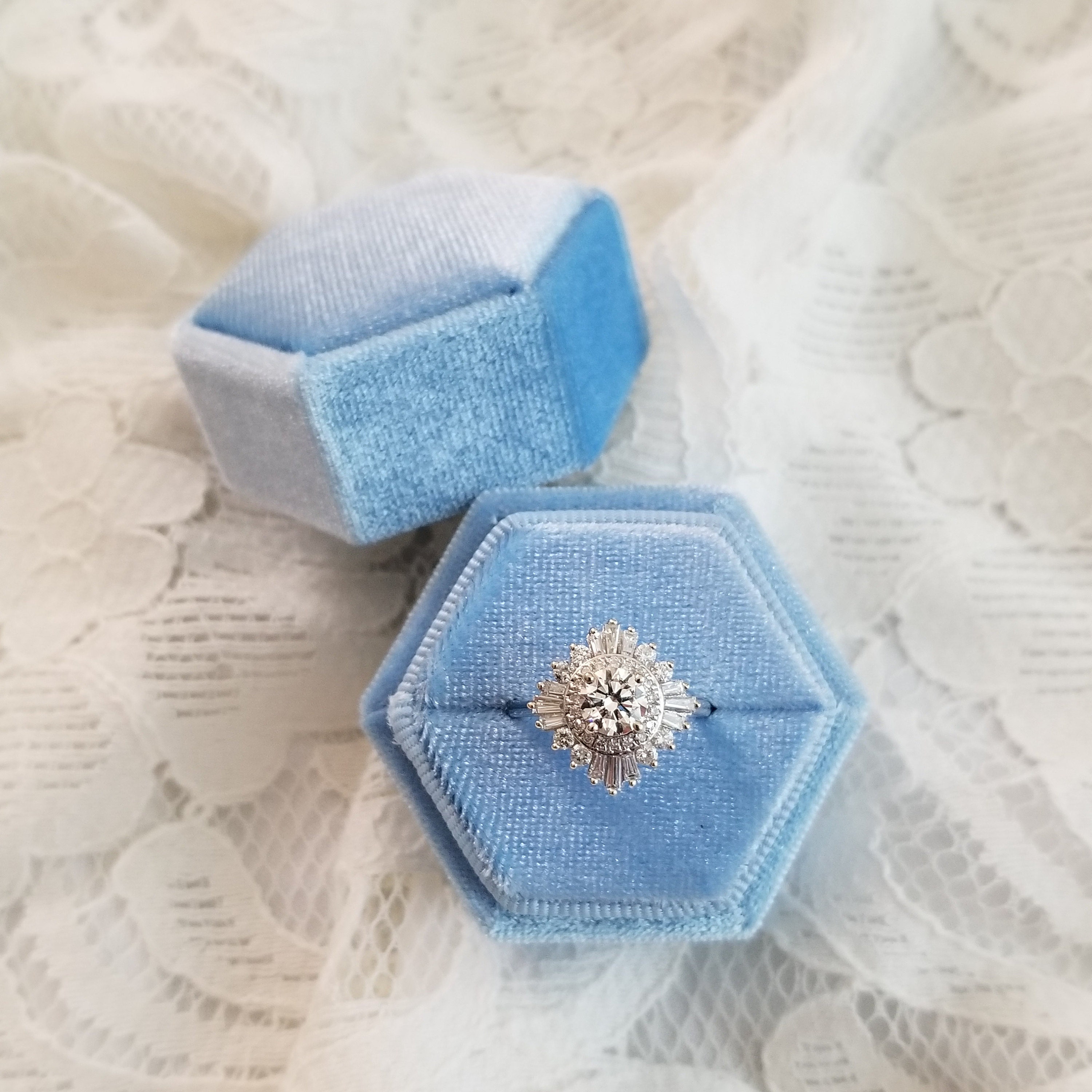 Slate Blue Velvet Ring Box Double Ring Hexagon Storage & Organization ...